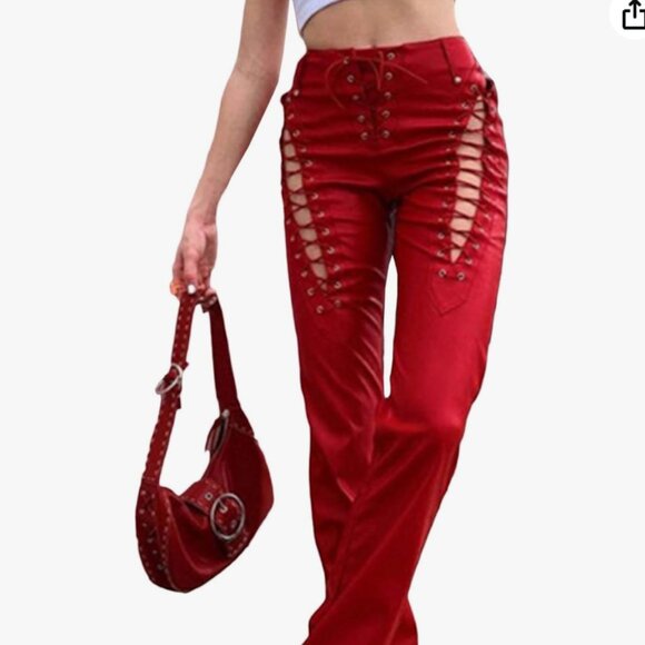 Pants & Jumpsuits | Laceup Red Leather Pant | Poshmark